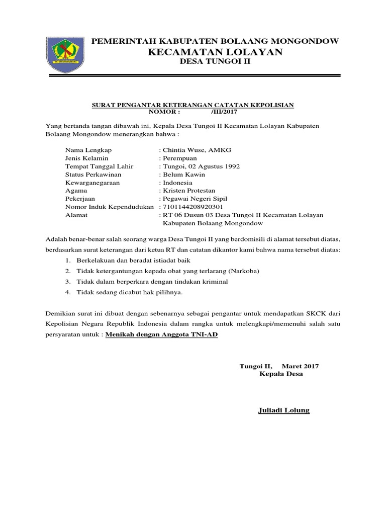 Contoh Surat SKCK | PDF