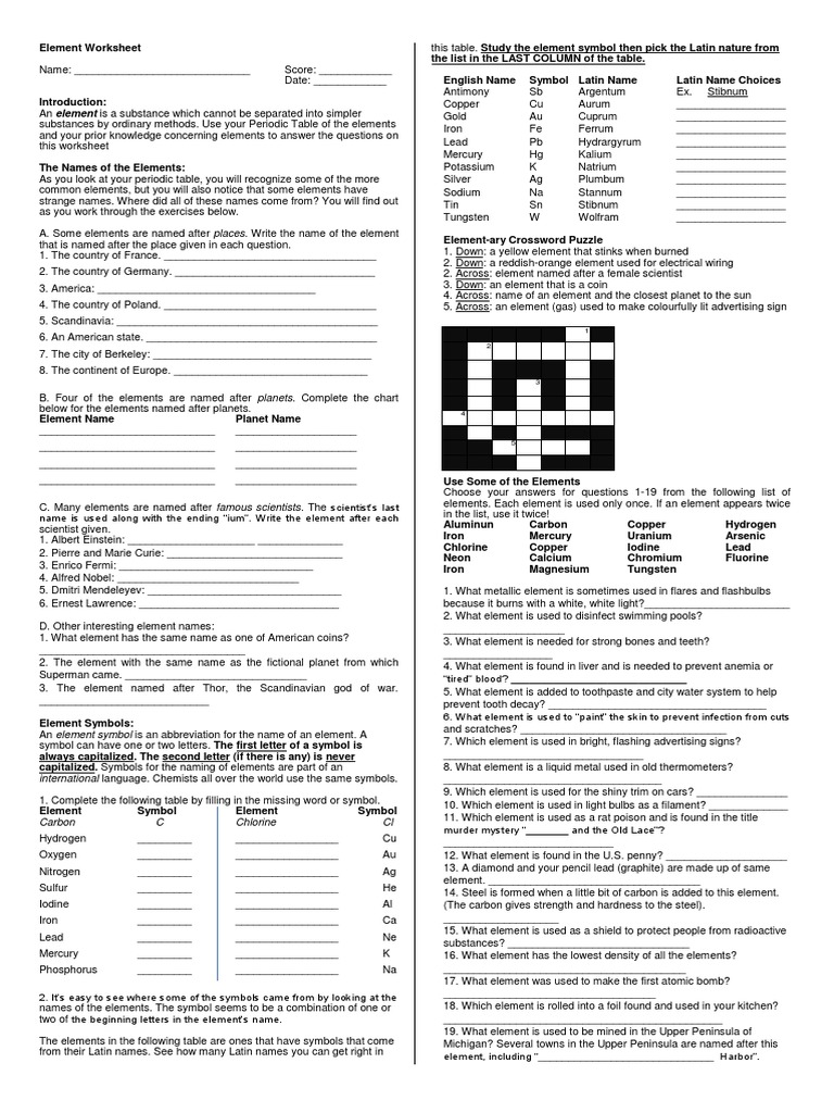 Element Worksheet EDITED | PDF | Chemical Elements | Carbon