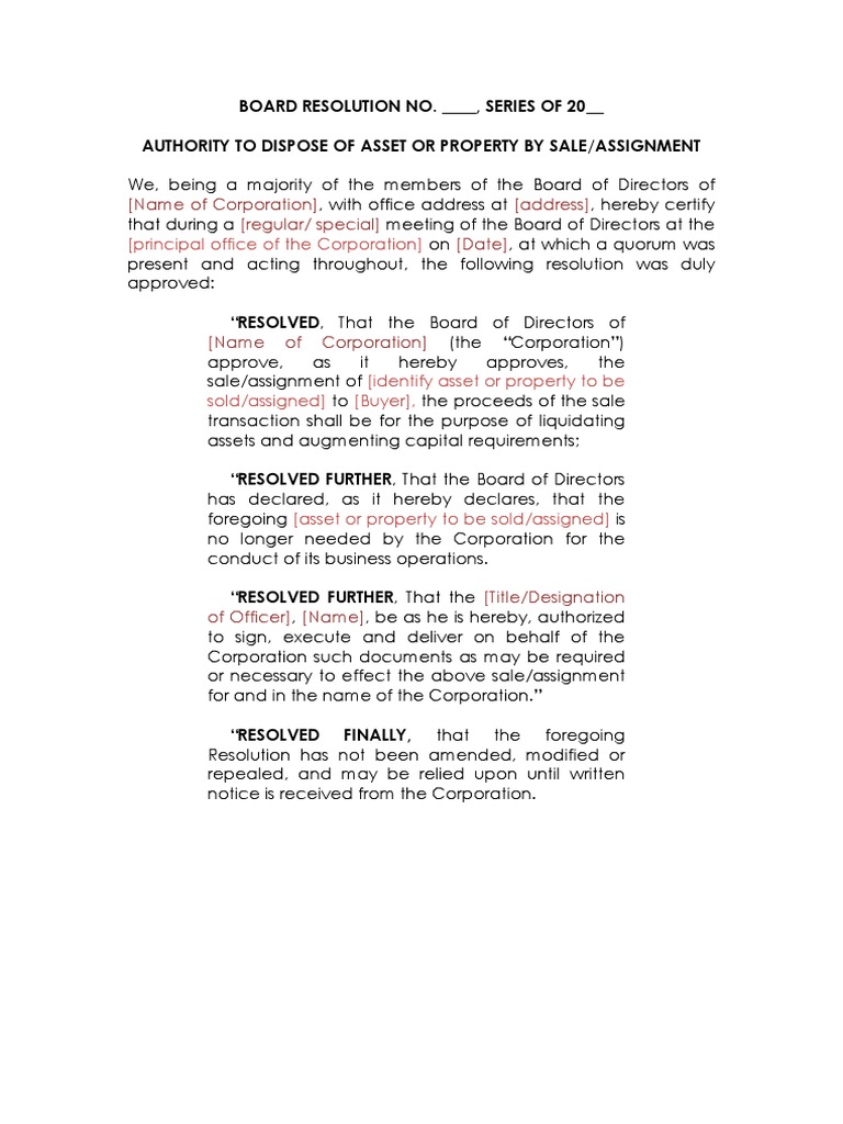 Board Resolution to Sell Corporate Assets and Augment Capital | PDF