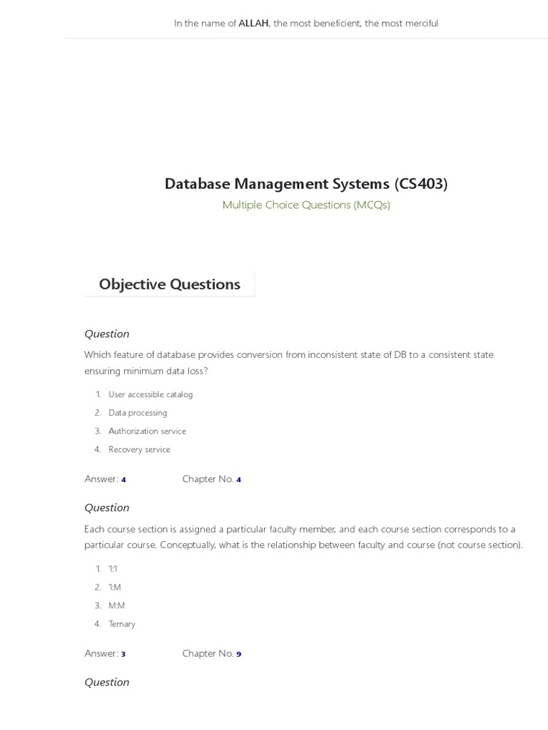 Database Management Systems (CS403) : Objective Questions | PDF | Database Index | Table (Database)