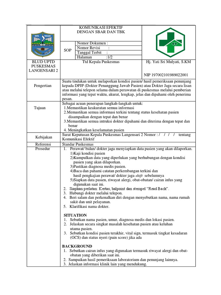 Komunikasi Efektif SBAR dan TBK di Puskesmas | PDF