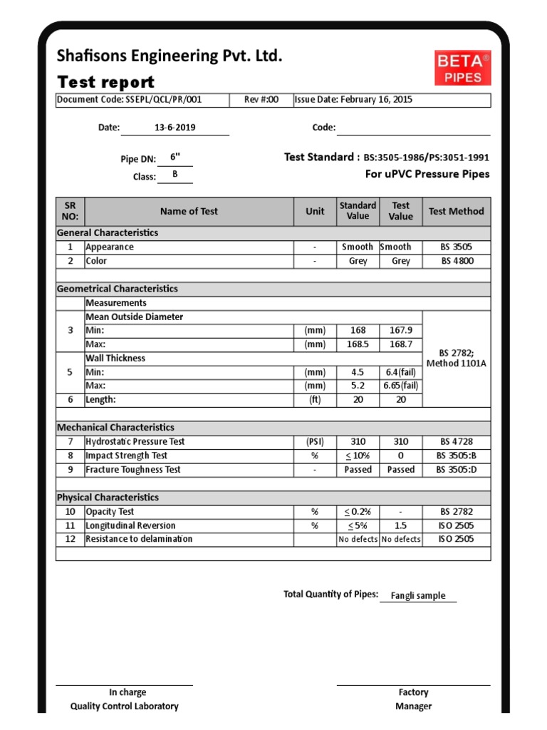 Shafisons Engineering Pvt. LTD.: Test Report | PDF | Pipe (Fluid ...
