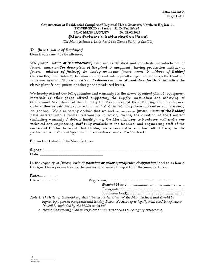03 - Attachment-8-Manufacturer Authorization Form | PDF | Guarantee | Social Institutions