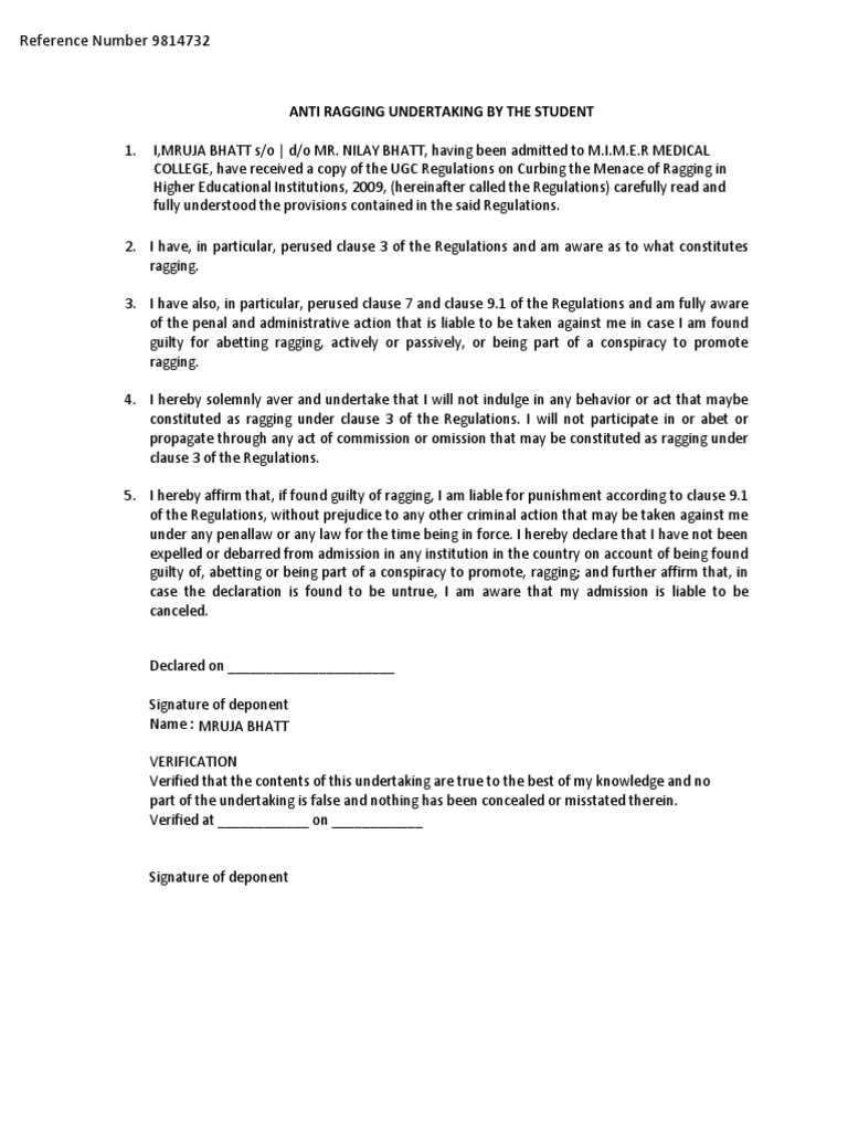 Reference Number 9814732: Anti Ragging Undertaking by The Student | PDF ...