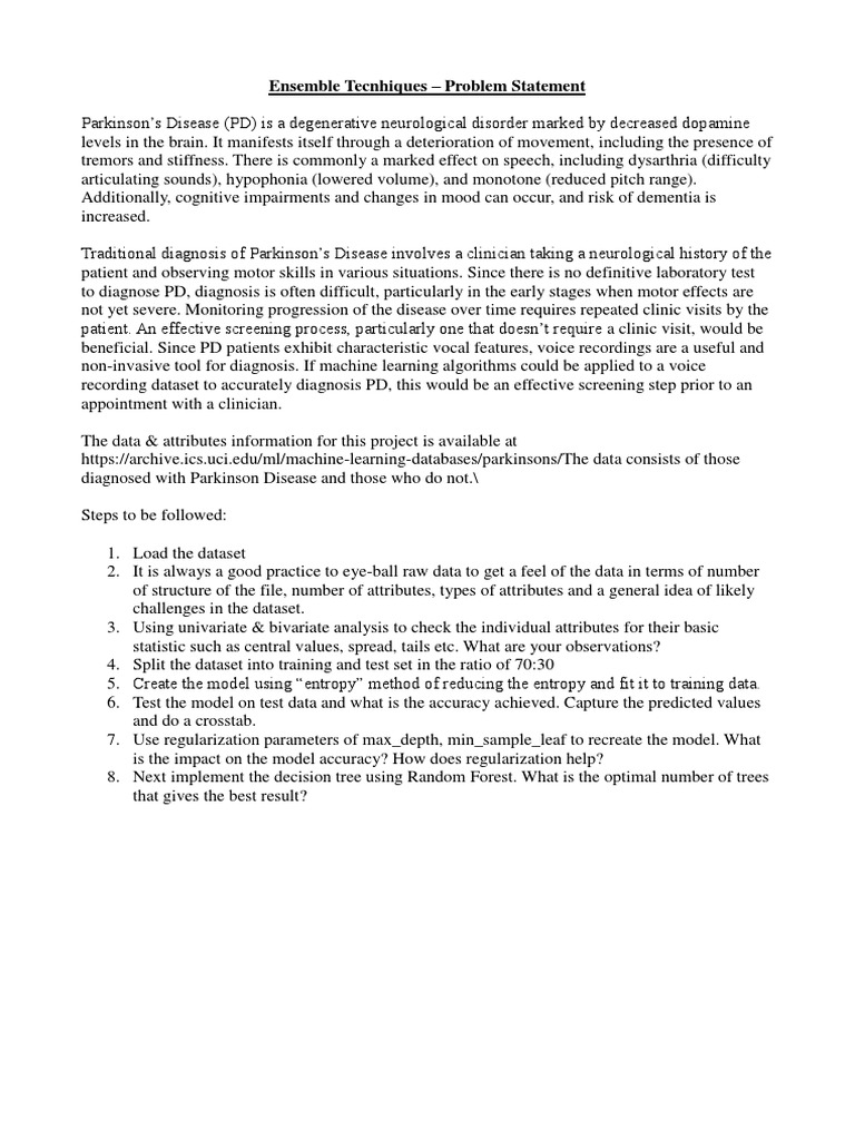 Problem Statement Parkinson s Disease Medical Diagnosis