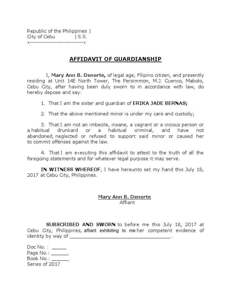 Affidavit of Guardianship Establishing Mary Ann B. Denorte as Legal ...