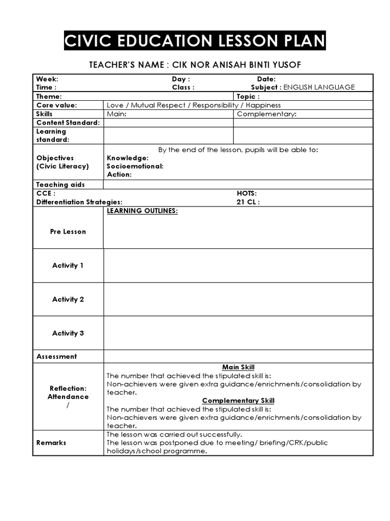 Civic Education Lesson Plan: Teacher'S Name: Cik Nor Anisah Binti Yusof ...