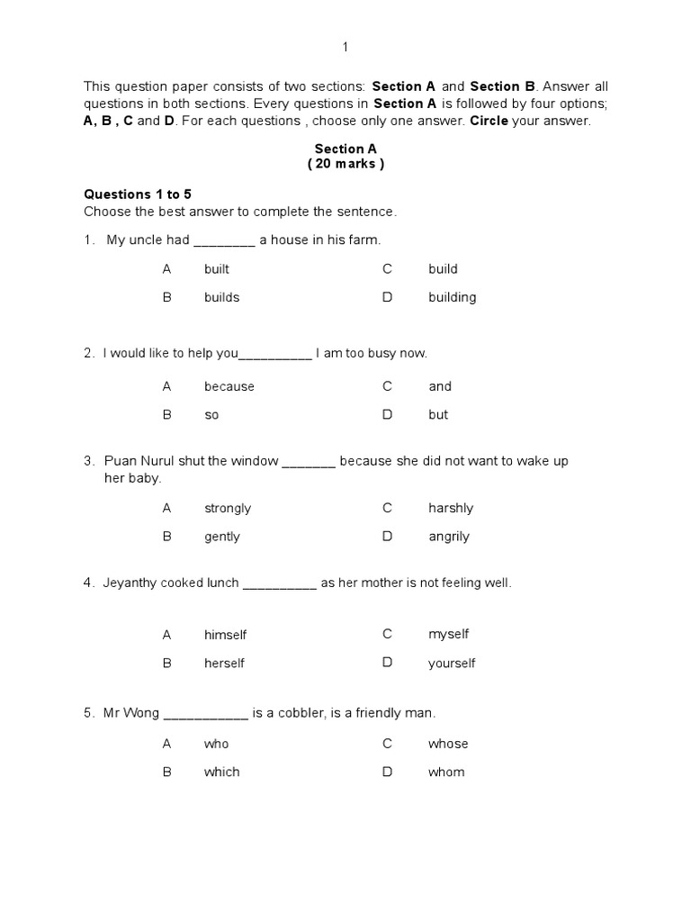A, B, C and D. For Each Questions, Choose Only One Answer. Circle Your ...