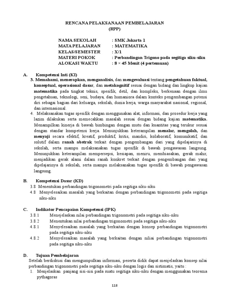 KD. 3.8 RPP Perbandingan Trigono Pada Segitiga Siku-Siku | PDF | Metode & Bahan Ajar