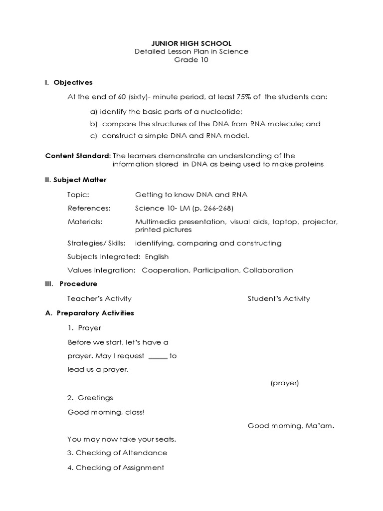 Lesson Plan in GTK DNA and RNA | PDF | Nucleic Acids | Dna