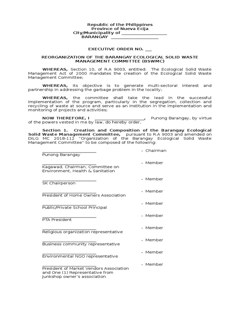 Executive Order - Beswmc | PDF | Waste Management | Municipal Solid Waste