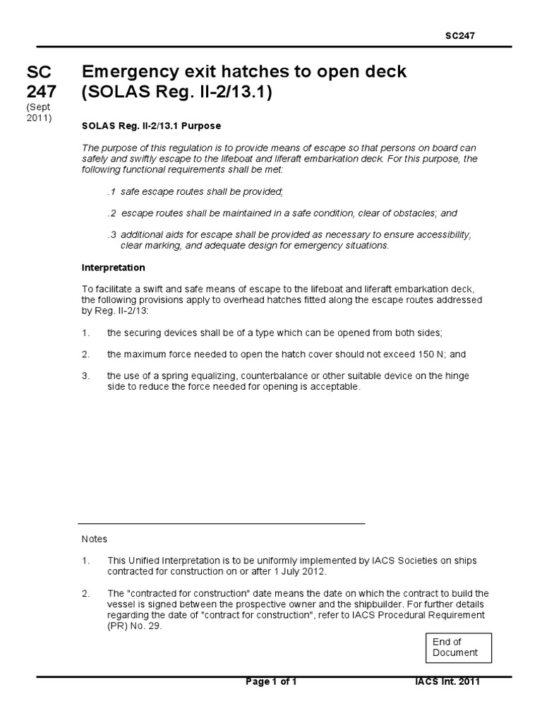 SC 247 Emergency Exit Hatches To Open Deck (SOLAS Reg. II-2/13.1) SC ...