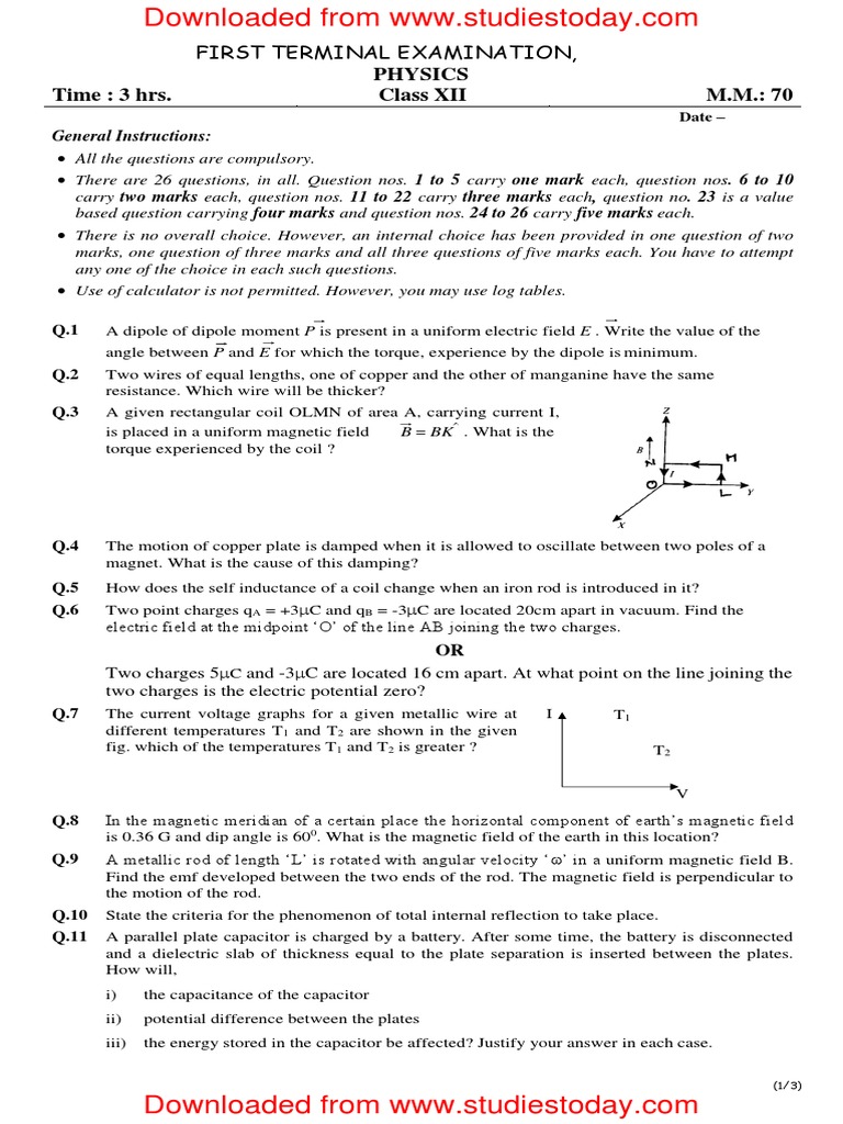 CBSE Class 12 Physics Sample Paper 2018 | PDF | Series And Parallel ...