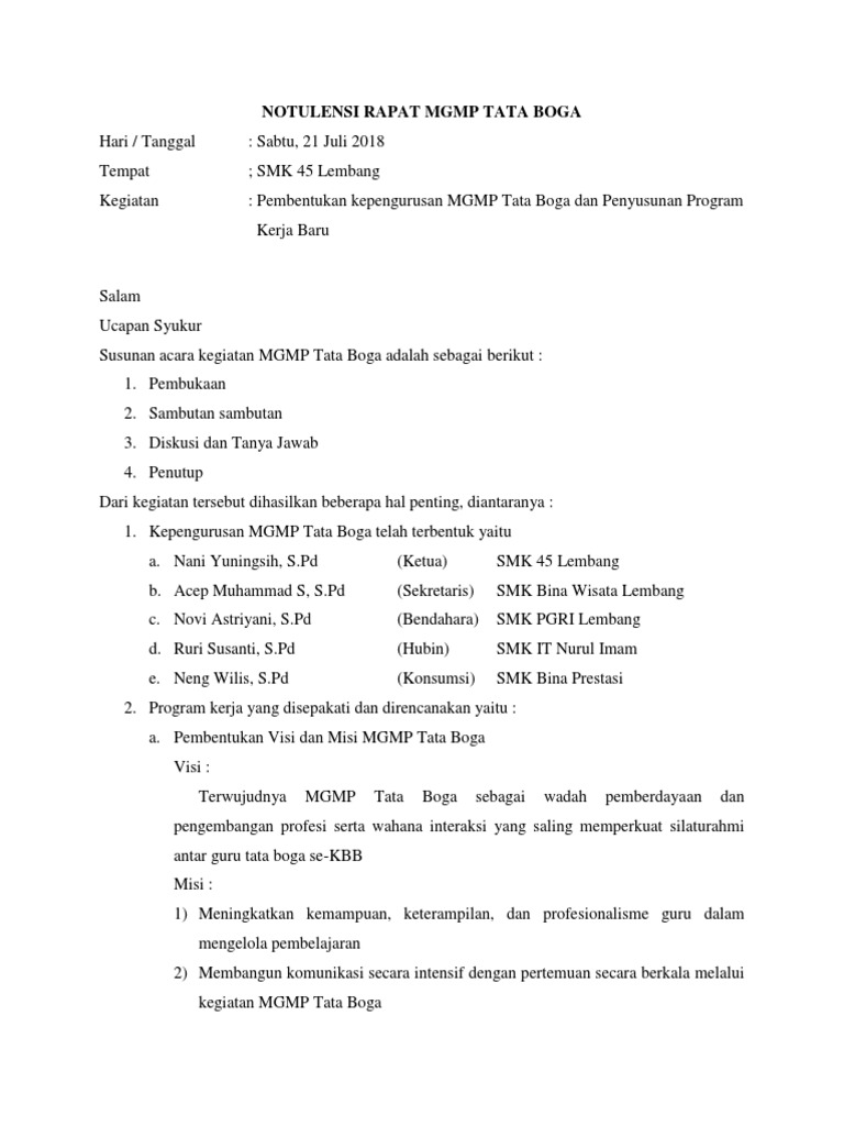 Notulensi Rapat MGMP Tata Boga | PDF
