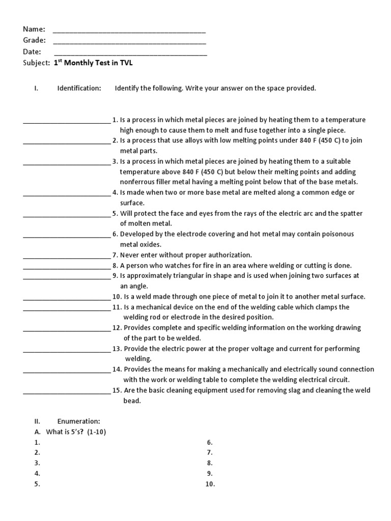First Monthly Test in TVL | Download Free PDF | Welding | Construction