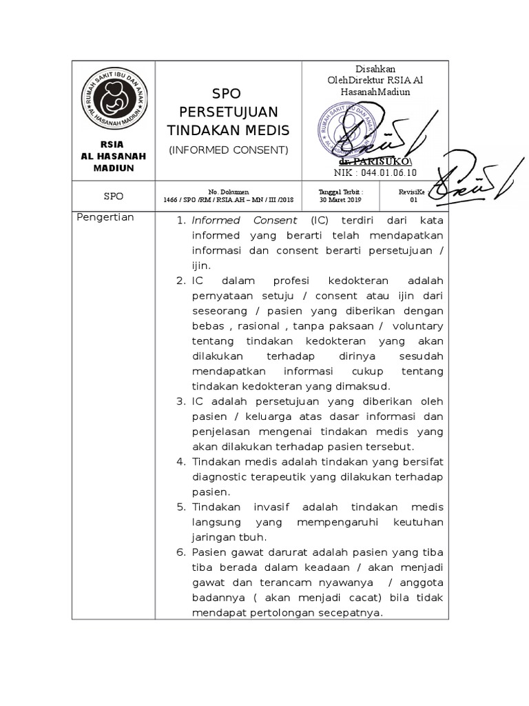 Spo Persetujuan Tindakan Medis (Informed Consent) | PDF