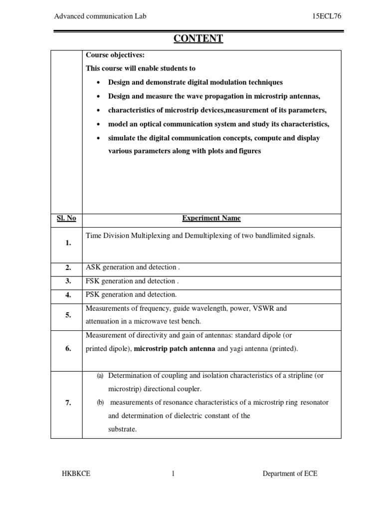 Advanced Communication Lab Manual - 15ECL76 | PDF | Antenna (Radio ...