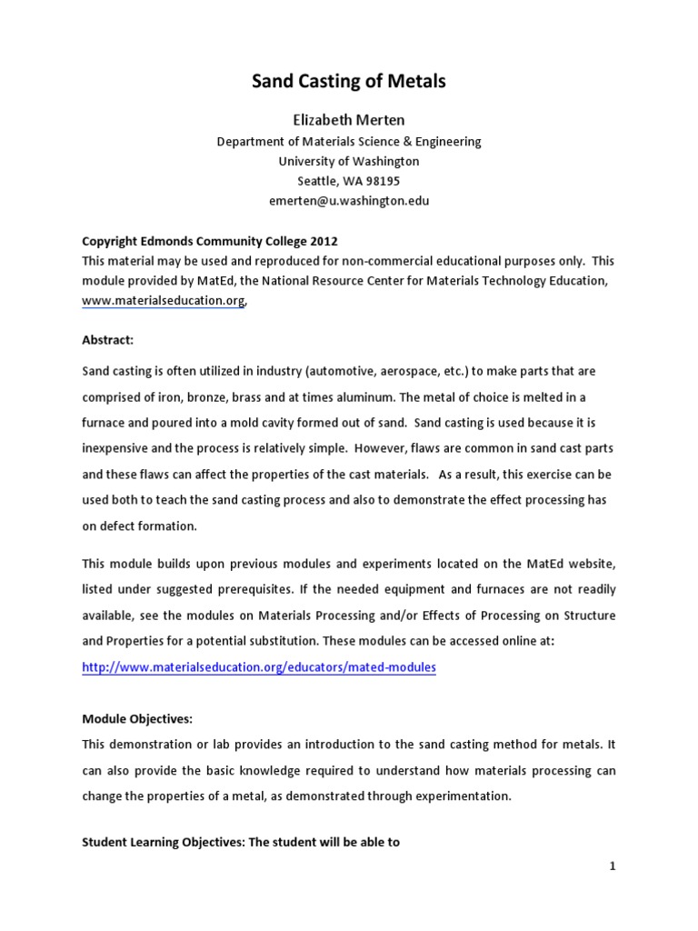 Sand Casting of Metals: Elizabeth Merten | PDF | Casting (Metalworking) | Materials