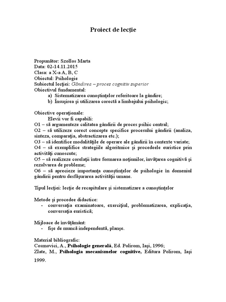 Gandirea Proiect de Lectie | PDF