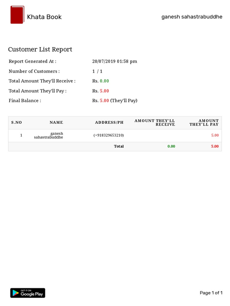 Khata Book: Customer List Report | PDF