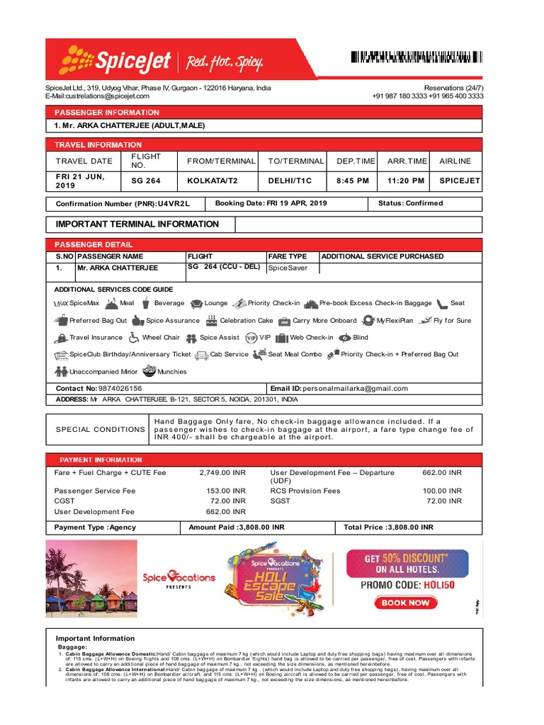 SpiceJet - E-Ticket - PNR U4VR2L - 21 Jun 2019 Kolkata | PDF | Aviation ...