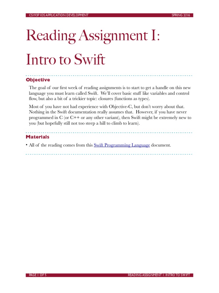 Reading 1 Intro To Swift | PDF | Swift (Programming Language) | String ...