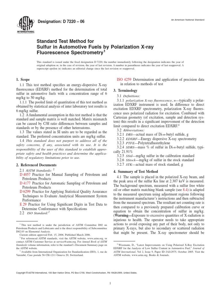D7220-06 MEDXRF Sulfur Automotive | PDF | Calibration | Accuracy And ...