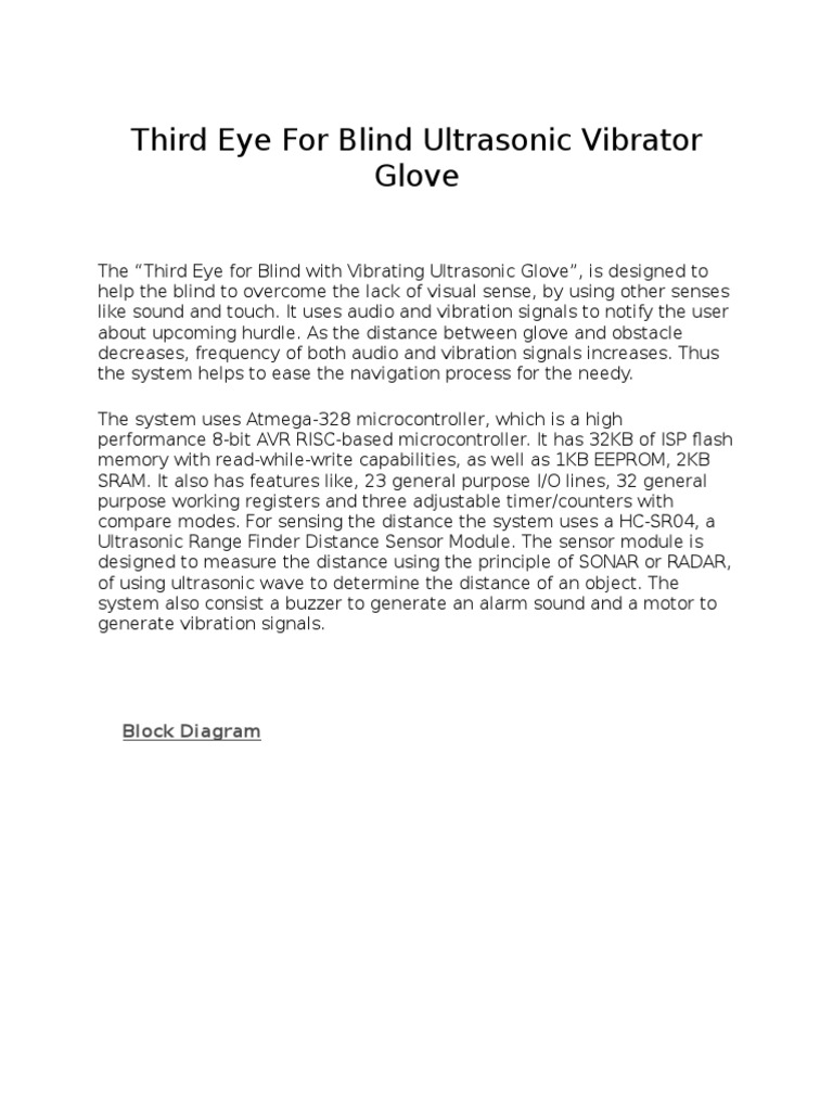 Third Eye For Blind Ultrasonic Vibrator Glove: Block Diagram | PDF
