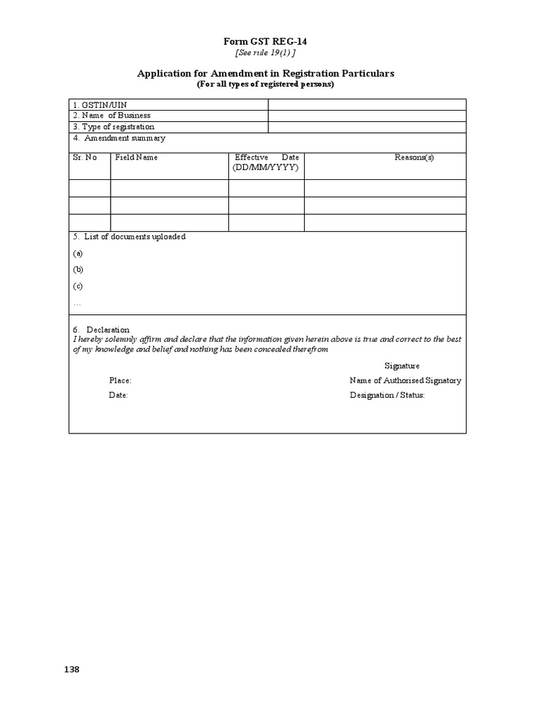 Application For Amendment in Registration Particulars: Form GST REG-14 ...
