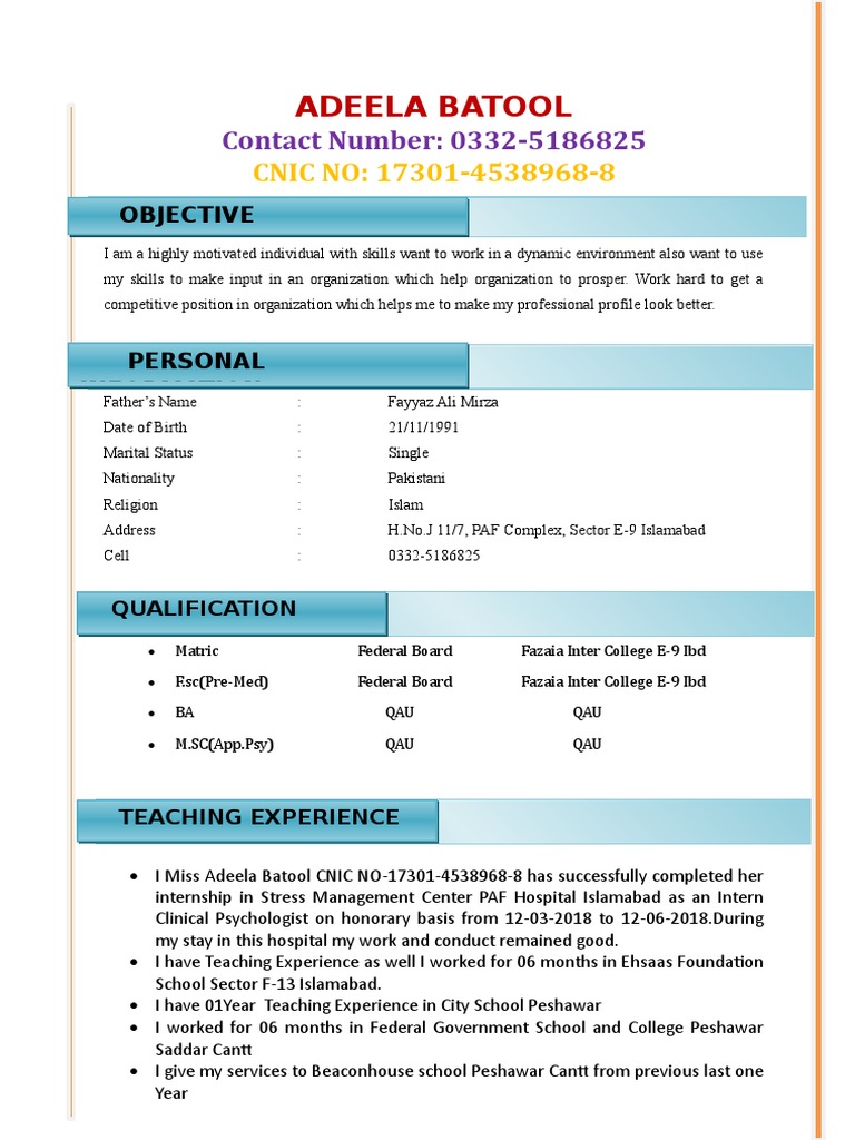 CV Adeela Batool | PDF | Psychologist | Applied Psychology