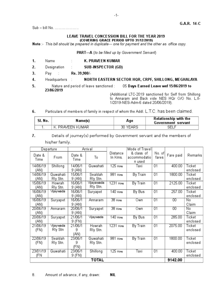 LTC Bill Form-G.a.r. 14-c | PDF | Public Transport | Public Services