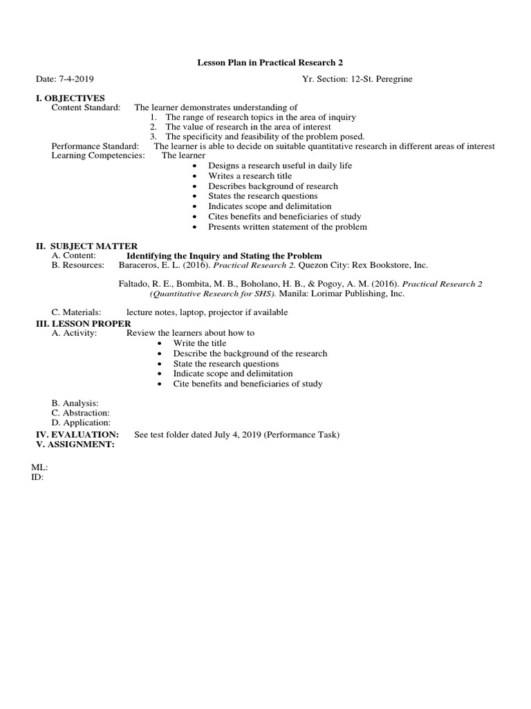 Lesson Plan in Practical Research 2: (Quantitative Research For SHS ...