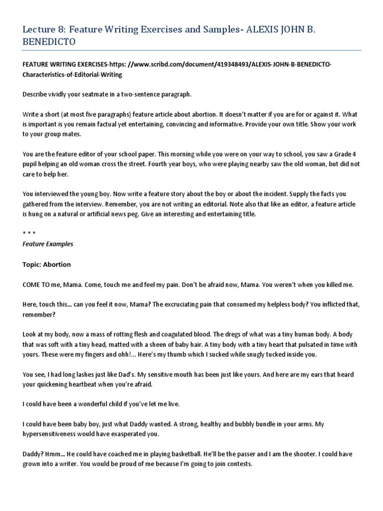 ALEXIS JOHN B. BENEDICTO Lecture 8 Examples of Feature Writing | PDF ...