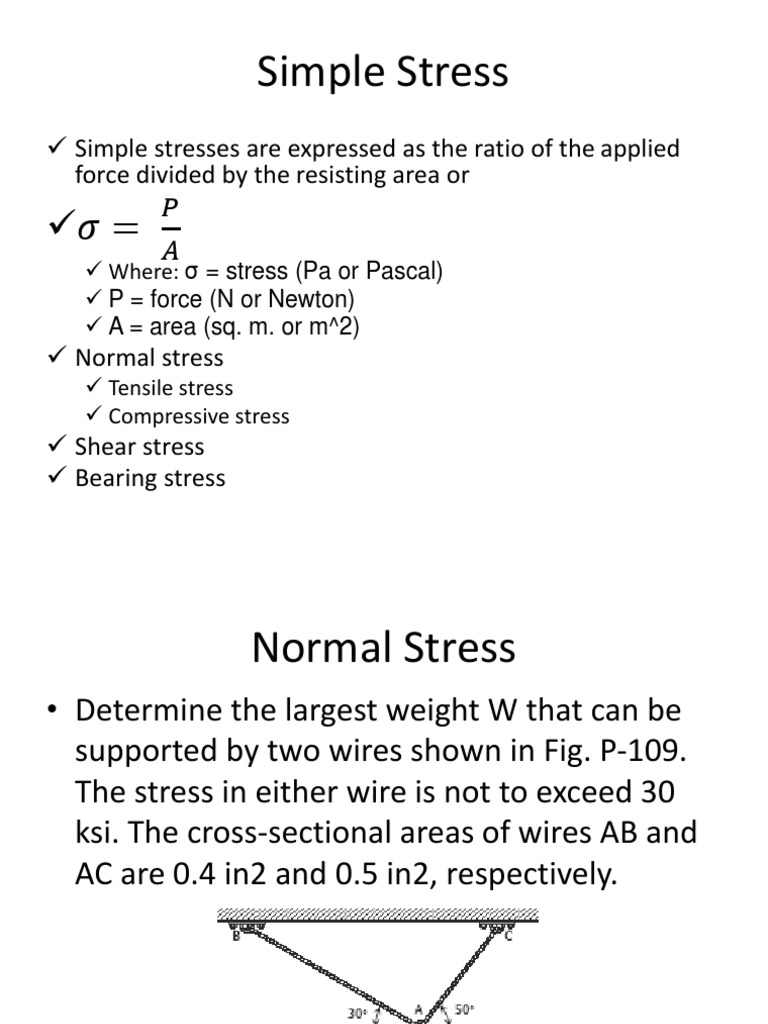 Simple Stress: Simple Stresses Are Expressed As The Ratio of The ...