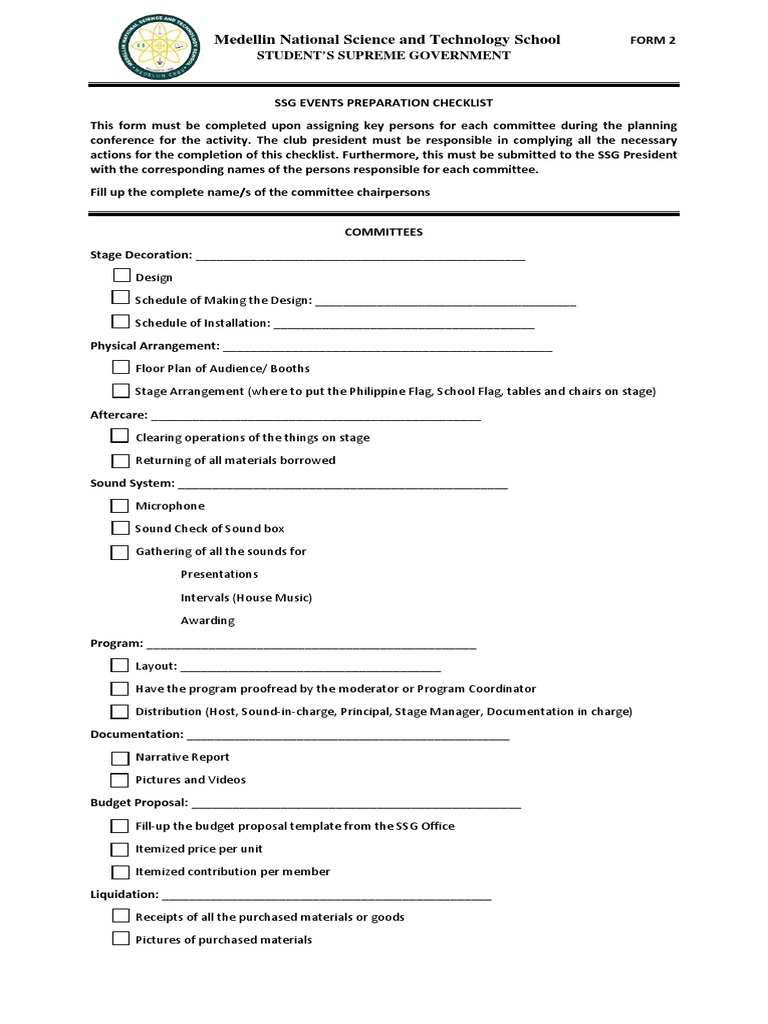 SSG Events Preparation Checklist | PDF | Chairman | Classroom