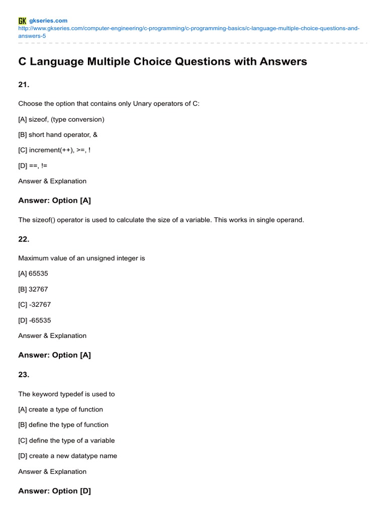 C Language Multiple Choice Questions With Answers | PDF | Technology & Engineering