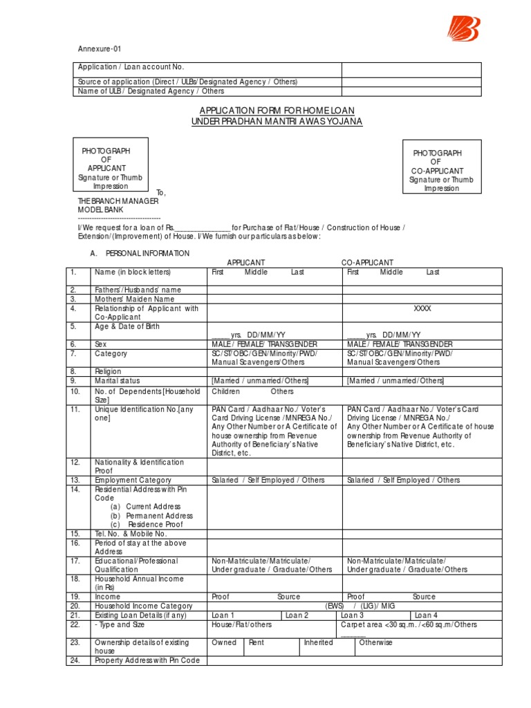 Annexure 01 PMAY Application Form | PDF | Banks | Loans