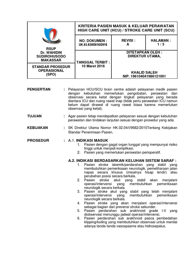 Sop Kriteria Masuk Hcu-Scu | PDF