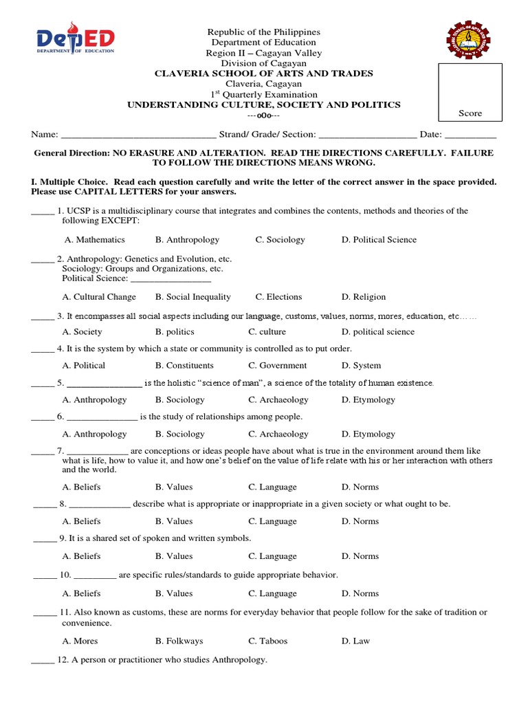 UCSP-1st Quarter Exam | PDF | Value (Ethics) | Sociology