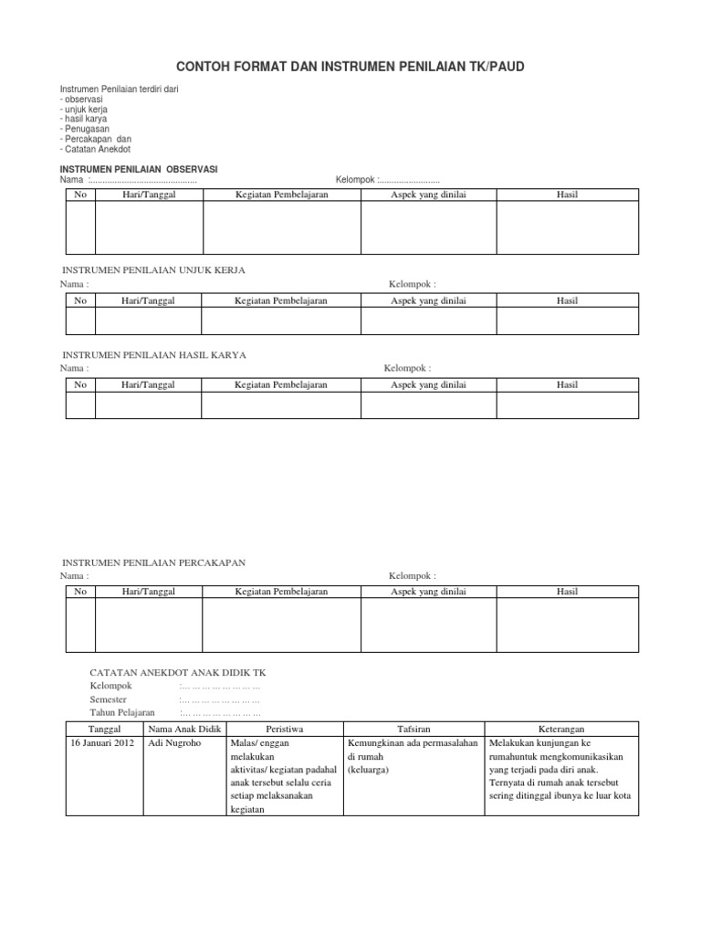 Contoh Format Dan Instrumen Penilaian TK | PDF