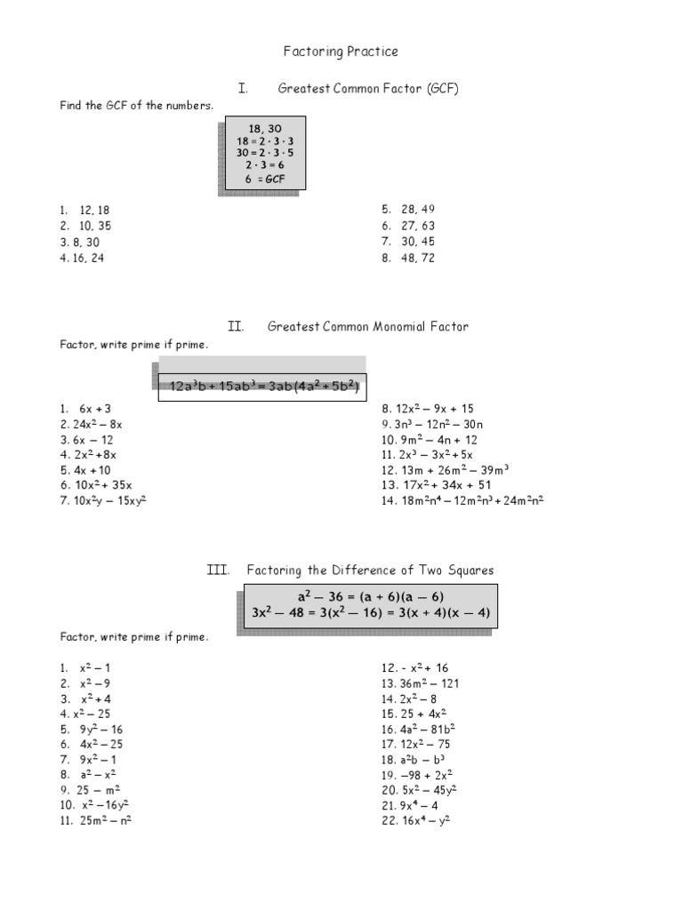 Factoring Practice | PDF | Elementary Mathematics | Algebra