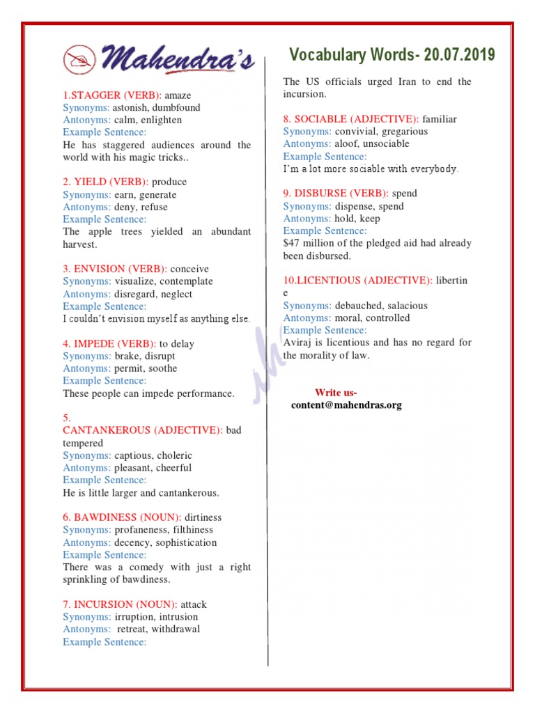 Vocabulary Words-20.07.2019: 1.stagger (Verb) : 8. Sociable (Adjective ...
