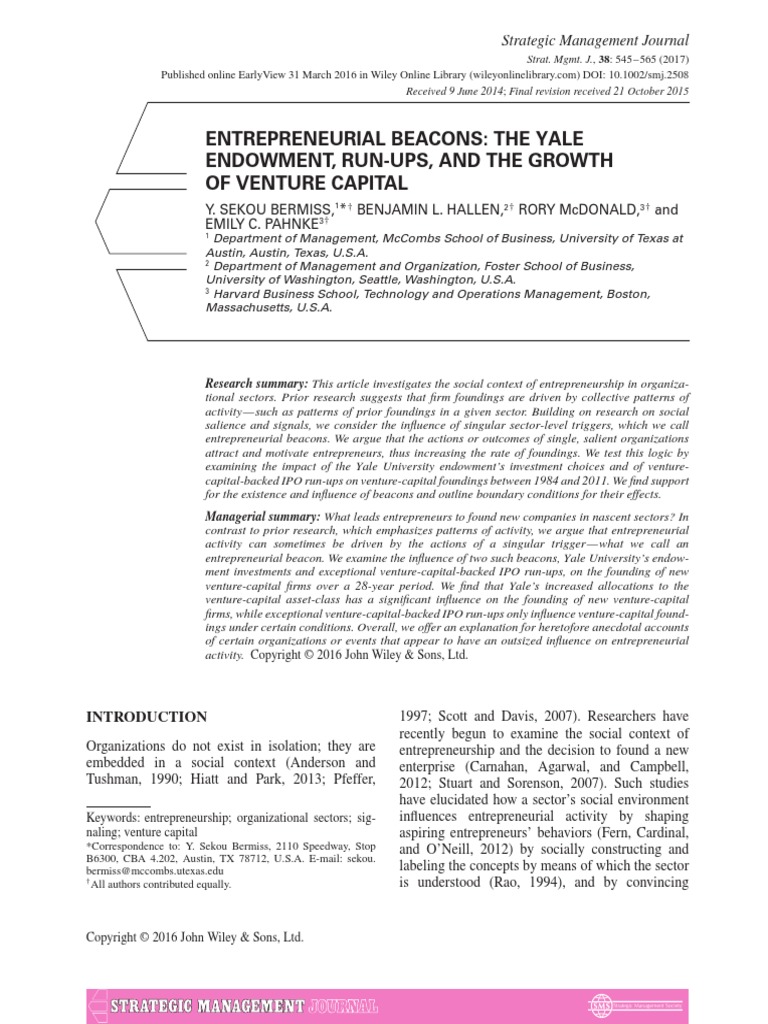 Entrepreneurial Beacons: The Yale Endowment, Run-Ups, and The Growth of Venture Capital | PDF ...
