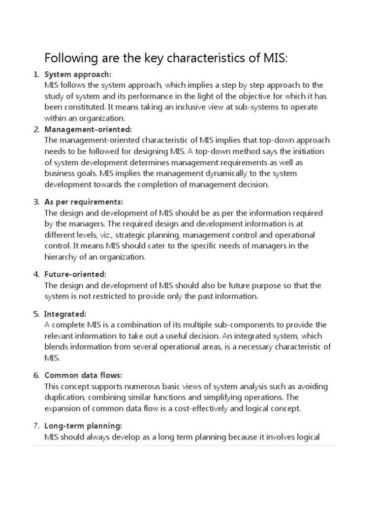 Following Are The Key Characteristics of MIS:: System Approach | PDF ...