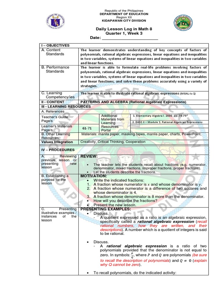 Understanding Rational Algebraic Expressions: A Detailed Lesson Plan ...