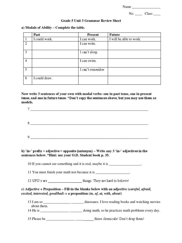 Unit 3 Grammar Review Sheet | PDF