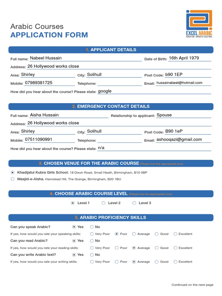 Arabic Course Application Form | PDF | Business