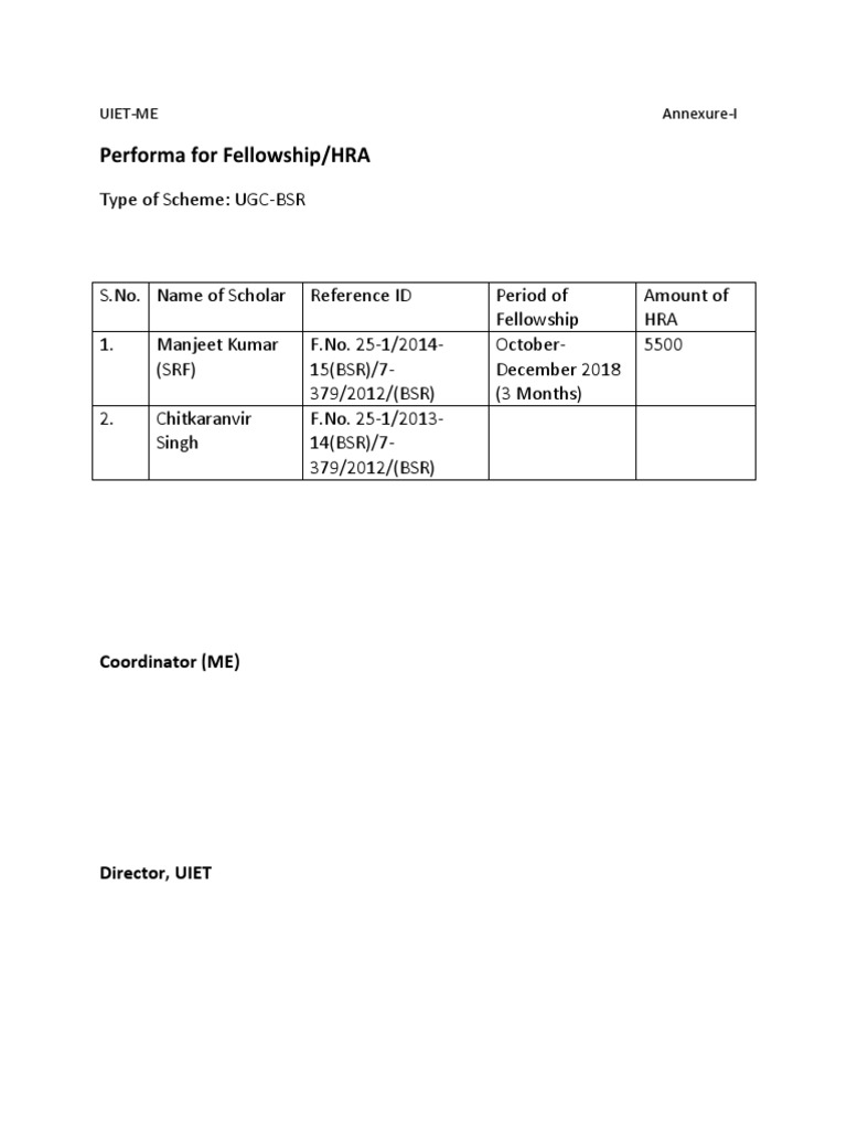 Performa For Fellowship/HRA | PDF