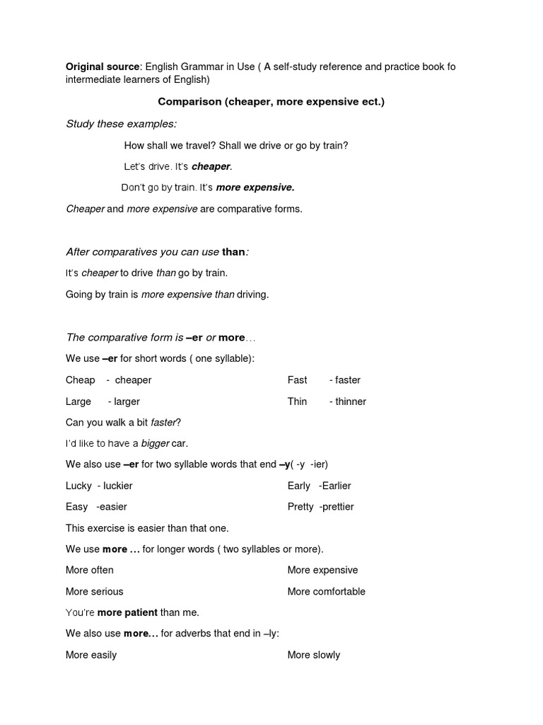 Study These Examples:: Comparison (Cheaper, More Expensive Ect.) | PDF ...