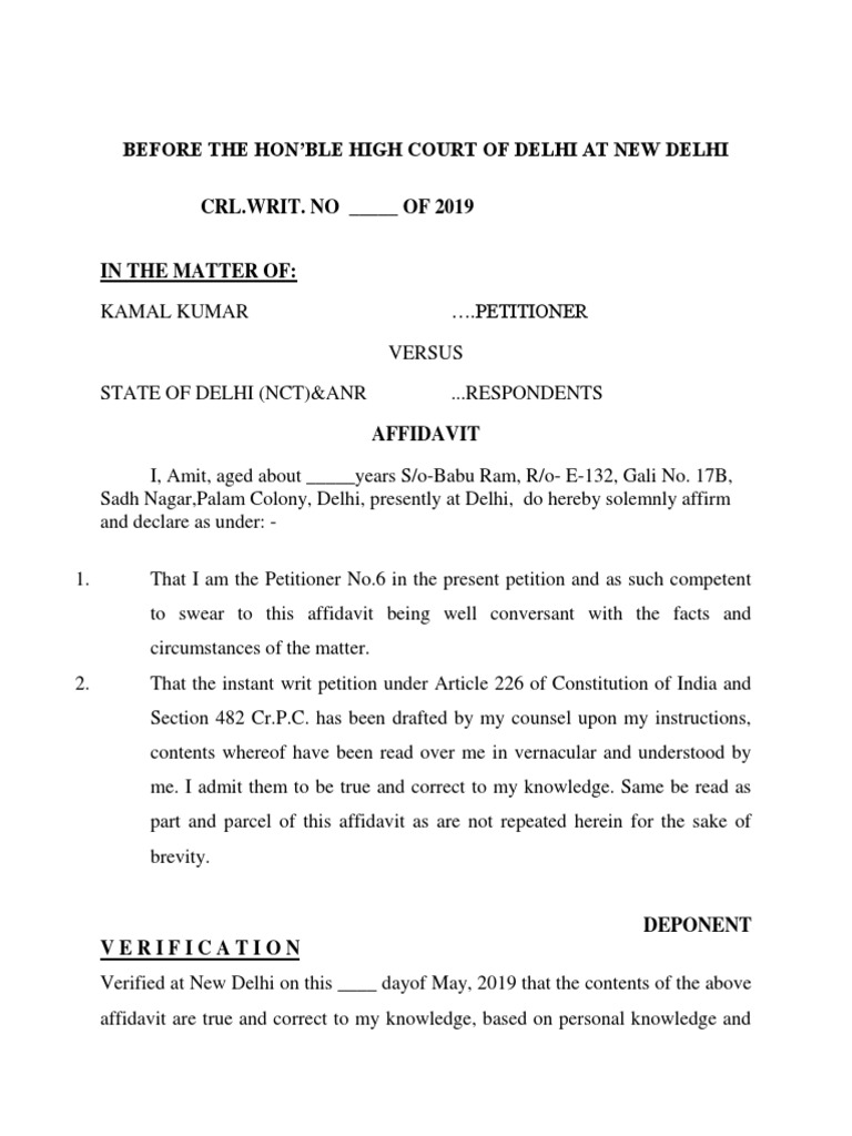 Before The Hon'Ble High Court of Delhi at New Delhi | PDF | Affidavit ...